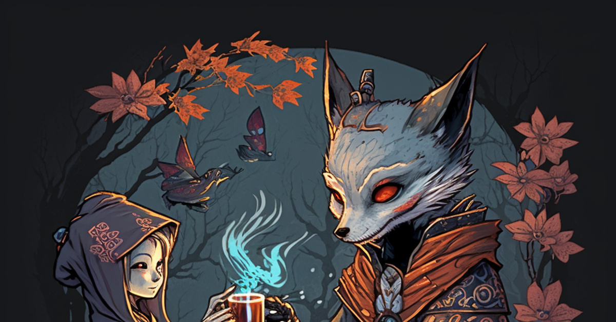 Midjourney, undead kitsune drinking tea with fairy of the forest | Пикабу