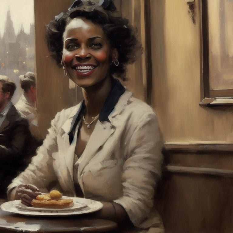 Portrait of a smiling black woman at a cafe by Stable Diffusion | Пикабу